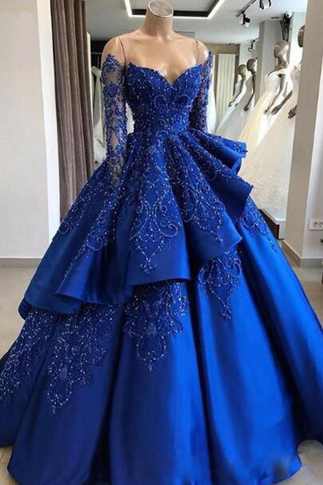 Unique Blue Lace Long Prom Dress, Blue Long Evening Dress on Luulla