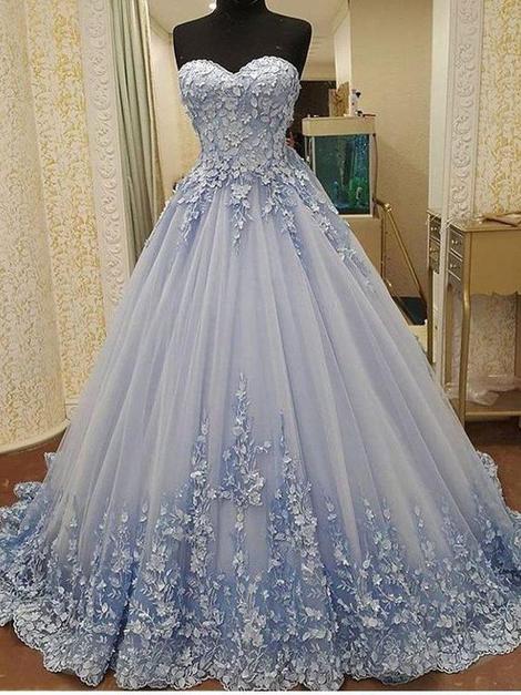 Gorgeous Ball Gown Sweetheart Light Blue Lace Long Prom Dresses With ...
