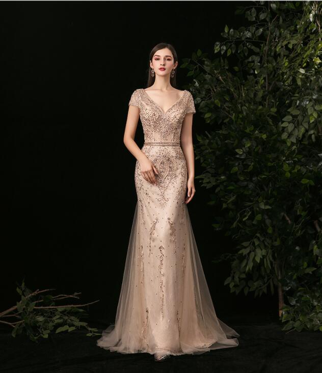2020 V-neck Short Sleeve Beading Long Prom Dresses F7179 on Luulla